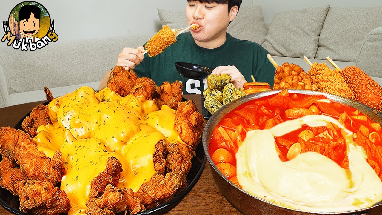ASMR MUKBANG 체다치즈 양념 치킨먹방! 치즈 떡볶이 명랑핫도그 CRISPY FRIED CHICKEN HOT DOG ...